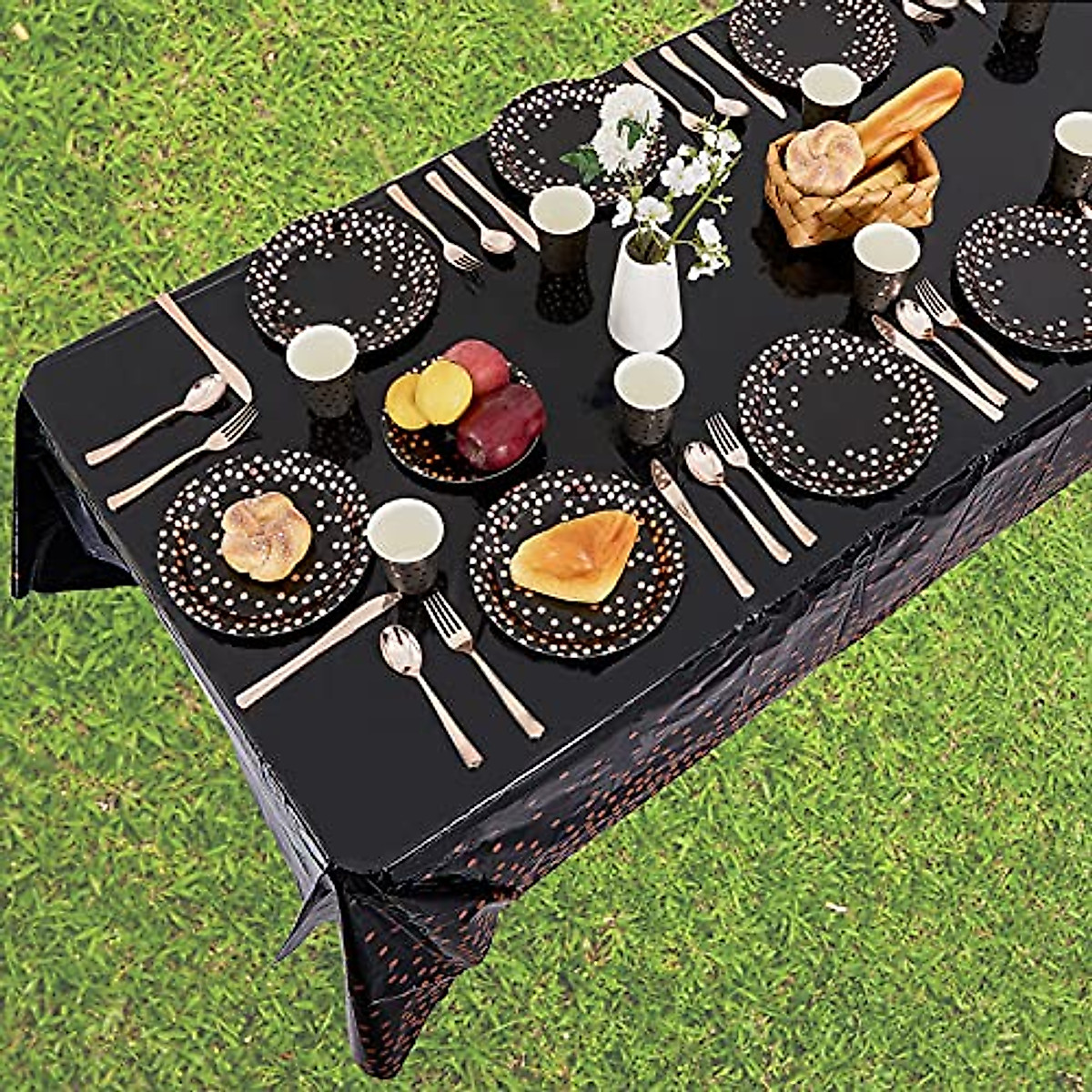 vannyster Black 4 Pack 54x108 Inch Disposable Plastic Tablecloths, Rose Gold Dot Confetti Table Covers for Party Supplies