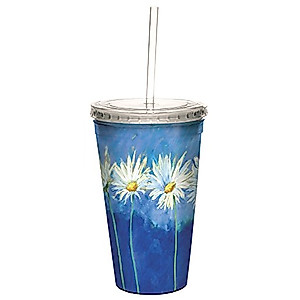 Tree-Free Greetings Nel Whatmore Daisies on Blue Double-Walled Cool Cup with Reusable Straw, 16-Ounce