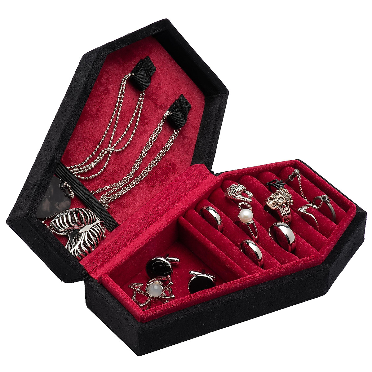 Giftop Velvet Coffin Jewelry Travel Case Holder for Gothic Wedding Ceremony,Gothic Jewelry Organizer Decoration (Black and Red)