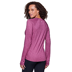 RBX Activewear Long Sleeve Running Top for Women, Lightweight Space Dye Buttery Soft Yoga Tee with Thumbholes Heathered Berry Wine L