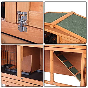 40 Inch Wood Rabbit Hutch 2-Story Rabbit Cage Bunny Hutch Indoor Outdoor Guinea Pig Cage, Small Animal Enclosure with Run Area, Removable No Leaking Tray, Asphalt Roof, Lockable Doors and Ramp