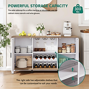 YITAHOME Farmhouse Coffee Bar Cabinet, Barn Doors Liquor Cabinet with Storage, 55'' Sideboard Buffet Kitchen Storage Cabinet with Wine Racks and Glass Holders for Kitchen, Dining Room, Antique White