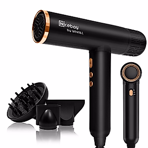 Nicebay® Ionic Hair Dryer with Diffuser, 1600W &110000RPM High-Speed Brushless Motor for Rapid Drying. Lightweight, Constant Temperature, Salon Blow Dryer with 3 Magnetic Attachments