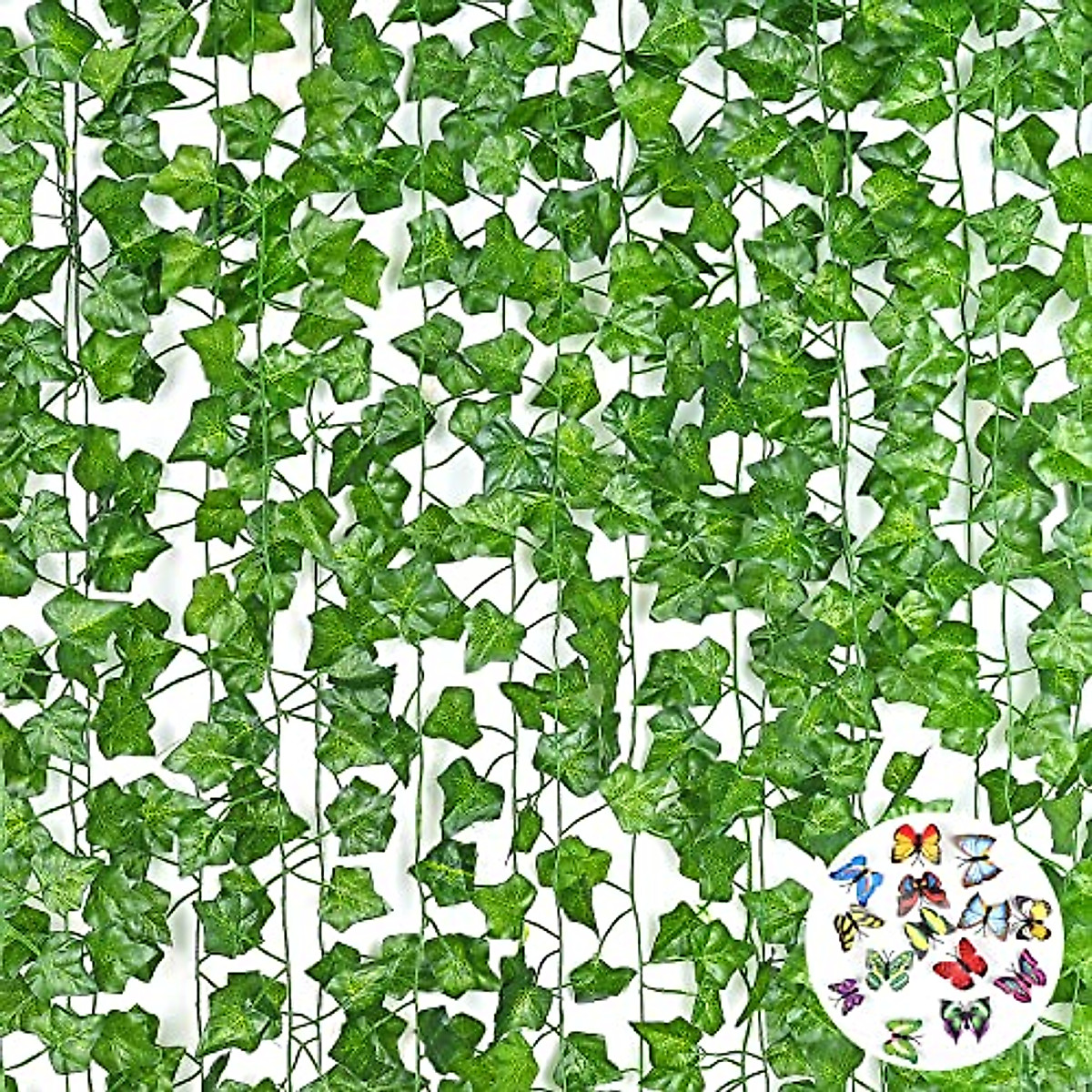Fascidorm 5Pcs 35Ft Fake Vines for Bedroom with 12Pcs 3D Butterflies, Fake Ivy Vines for Room Decor with Fake Leaves, Artificial Greenery Ivy Garland for Wall Decor, Hanging Green Plant