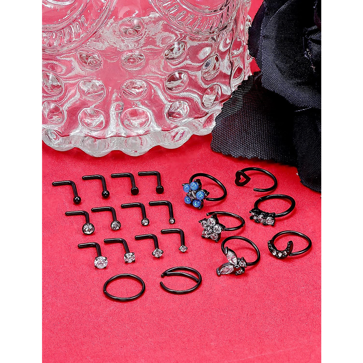 Vsnnsns 18G Nose Rings for Women Surgical Steel Nose Rings Hoops L Shaped Nose Studs Nose Hoop Rings 1.5mm 2mm 2.5mm 3mm Diamond CZ Nose Ring Nose Piercing Jewelry Black 20Pcs