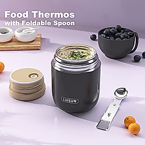 Luisun 17 Oz Insulated Food Thermos Soup Thermos for Hot Food Kids Adults, 304 Stainless Steel Food Container with Folding Spoon, Vacuum Insulated Portable for School, Office, Outdoor (Black)