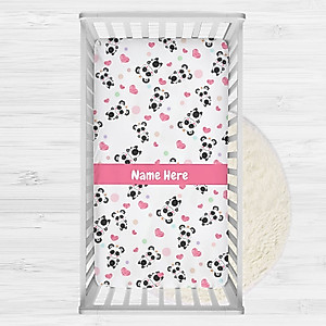 Personalized Cute Panda Pink Baby Crib Sheets with Name, Customized Pack and Play Sheets for Baby Girls, Crib Mattress Sheets, Fitted Crib Bedding Sheets, Mini Crib Sheet | Name Crib Sheets