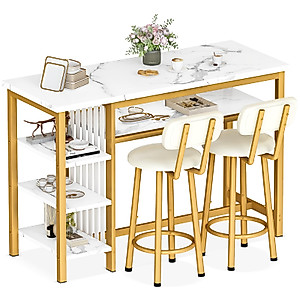 AWQM Bar Table Set of 2 with Storage Shelves, 47" White Faux Marble Dining Set with 2 Upholstered Counter Height Backrest Chairs, 3-Piece Dining Set for 2, Space Saving Table for Home & Kitchen