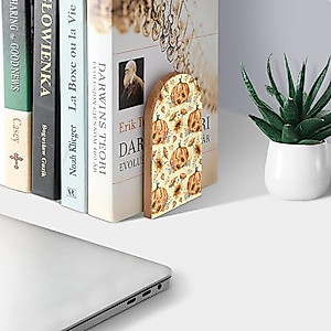 Autumn Pumpkin Sunflowers Berries Book Ends Decorative Wood Bookends for Shelves Kids Room Desk Home Office Book Stoppers for Magazines,Books, DVDs, 1 Pair/2 Pieces(5x3.1 in)
