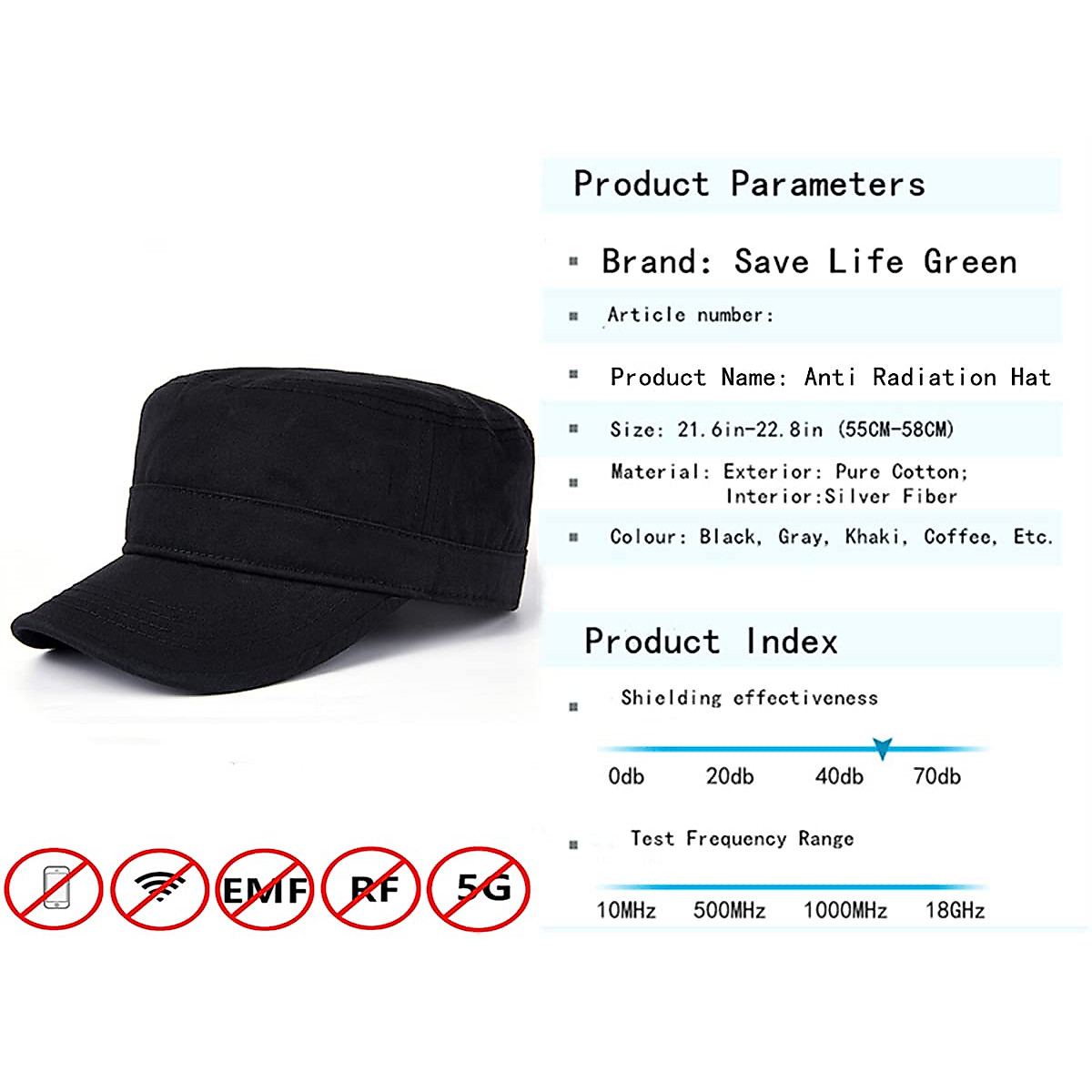 SGL Anti-Radiation Cotton Military Cap Cadet Flat Baseball Effective Shielding Signal Fluctuation 99.99% Protect Brain Hat Protective (Black), One Size