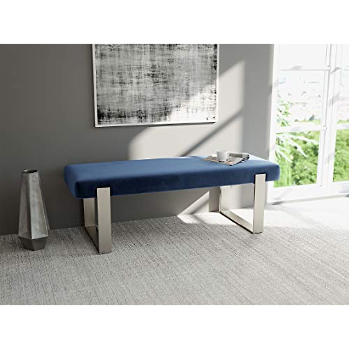 VANT Upholstered Bed Bench - Velvet Antique Blue - Brushed Nickel - Contemporary Modern, Accent Bench for End of Bed, Hallway, or Entryway