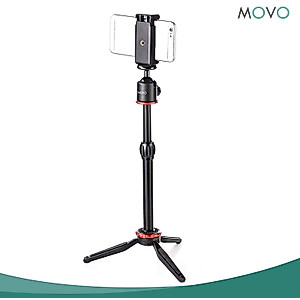 Movo Universal Mini Camera Tripod with Extendable Pole (MV-T1) Adjustable Head, Heavy-Duty Aluminum Travel Stand for DSLR, Mirrorless, GoPro, Smartphones, Compact, Portable