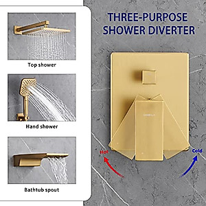 Gabrylly Shower System with Tub Spout, Wall Mounted Shower Faucet Set for Bathroom with High Pressure 10" Rain Shower head and 3-Setting Handheld Shower Head Set,Brushed Gold
