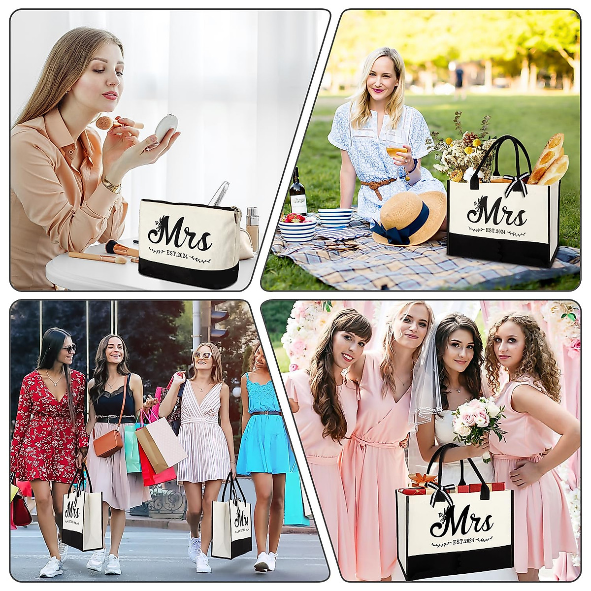 Mrs 2024 Bride Canvas Tote Bag with Bride Makeup Bag, Bride Gifts Bride Bag Tote for Wedding Bridal Shower Bachelorette Party Engagement Honeymoon, Miss to Mrs Bag, Bride to Be Gifts, Future Mrs Gifts