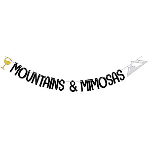 Mountains & Mimosas Banner, Mountain Bachelorette Party Decorations, Cabin Camping Bridal Shower Engagement Wedding Party Supplies Black Silver
