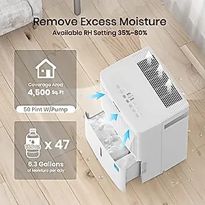 TOSOT 50 Pint with Internal Pump 4,500 Sq Ft Dehumidifier Energy Star - for Home, Basement, Bedroom or Bathroom - Super Quiet (Previous 70 Pint)