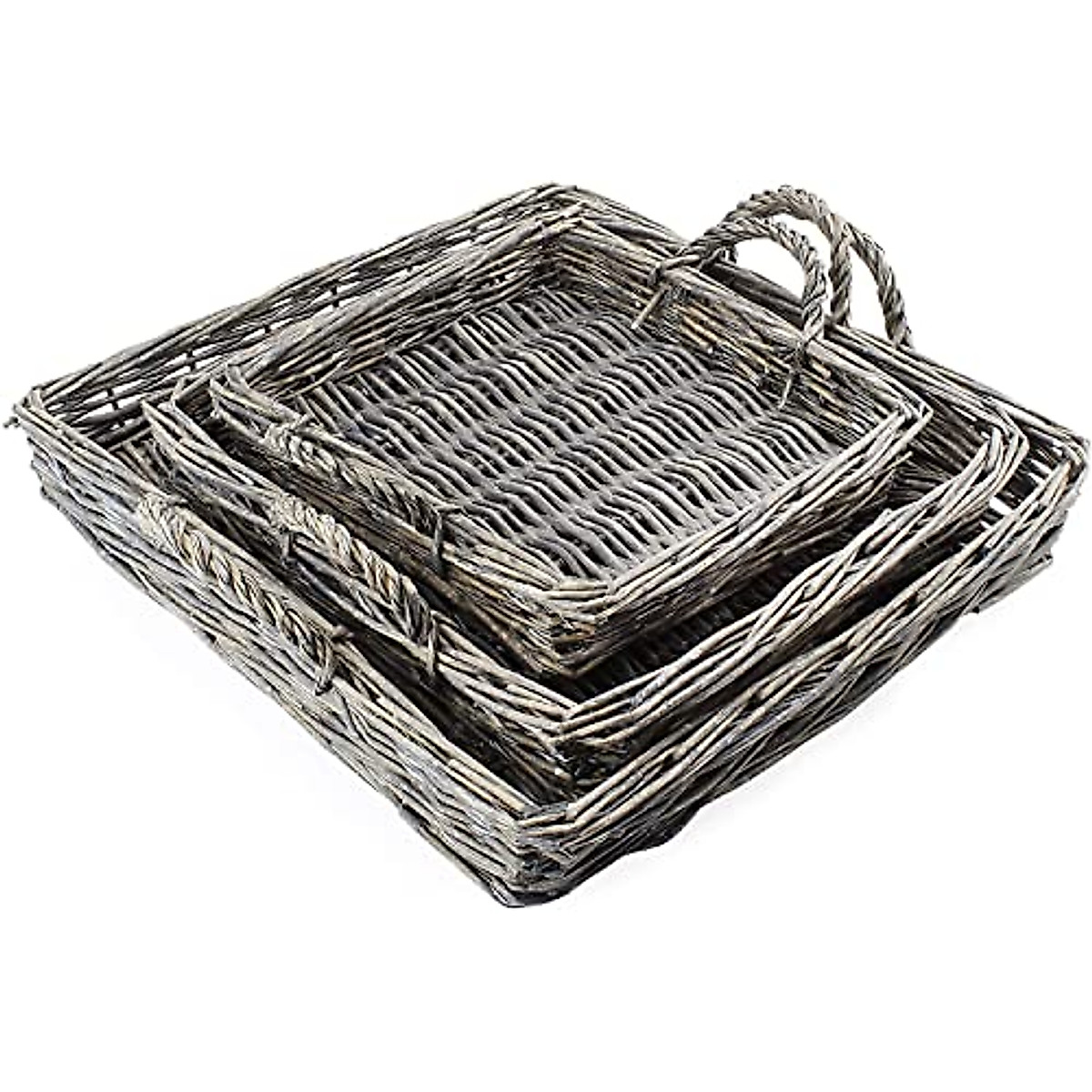 AuldHome Rustic Willow Basket Trays, Set of 3 (Square, Gray Washed); Natural Wicker Decorative Farmhouse Trays