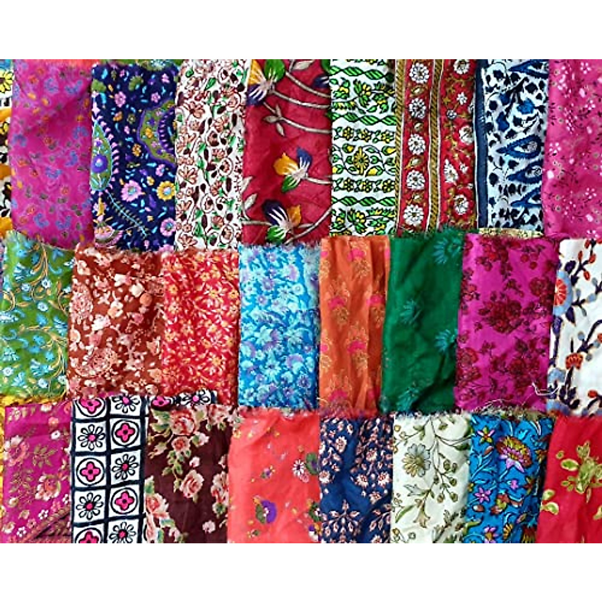 Vintage Fabrics Crafts Saree Silk Remnants DIY Scraps Fabric Sari Fabric Material 50 Small Pieces Small Floral Pieces for Art and Craft Scrapbook Art Doll Junk Journal