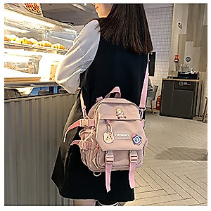 PEXIZUAN kawaii backpack girl school bag waterproof nylon with kawaii pendant cute pin mini backpack(pink)