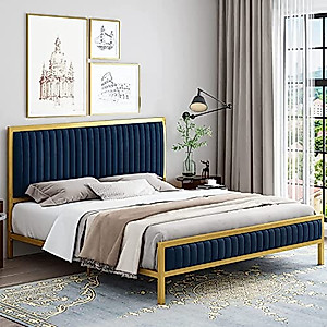 HIFIT Bed Frame Queen Size, Queen Bed Frame with Headboard, Heavy Duty Metal Foundation, Upholstered Bed Frame with Velvet Tufted Headboard, Wood Slat Support, No Box Spring Needed, Gold & Navy Blue