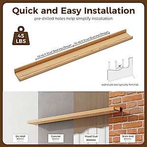 FLYJOE Picture Ledge Shelf 48 Inch | Solid Ash Wood Picture Shelf Set of 2 | 48 Inch Natural Wood Floating Shelves with Lip | Long Picture Shelf for Wall with Ledge | Photo Ledge Shelves - Natural