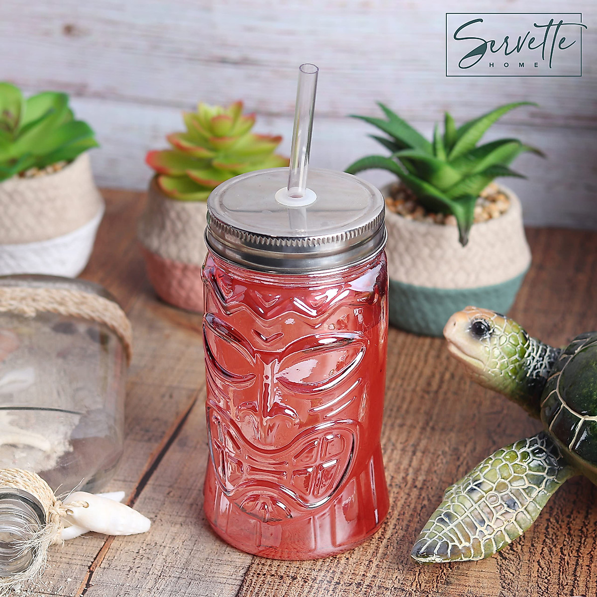 Hawaiian Beach Theme and Tropical Luau Party Glass Toucan Bird and Tiki Pole Mason Jar Cups Set of 3