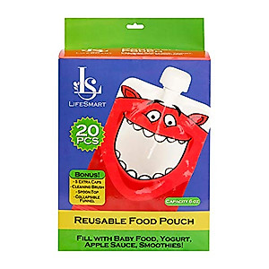 LifeSmart Reusable Food Pouches with Collapsible Funnel 20 Six Ounce Pouches 5 Caps Includes Cleaning Brush, Spoon Tops Clear Windows on The Front Excellent for Travel