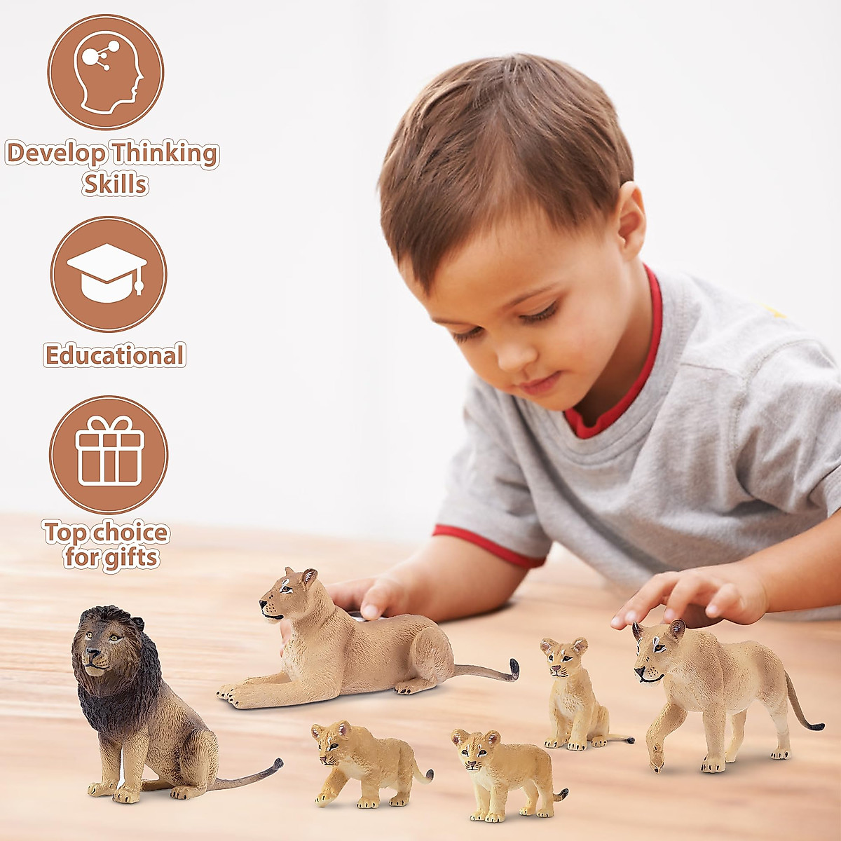 Toymany 6PCS Realistic Lion Figurines with Lion Cubs, 2-5" Jungle Animals Figures Family Set Includes Baby Lions, Educational Toy Cake Toppers Christmas Birthday Gift for Kids Toddlers