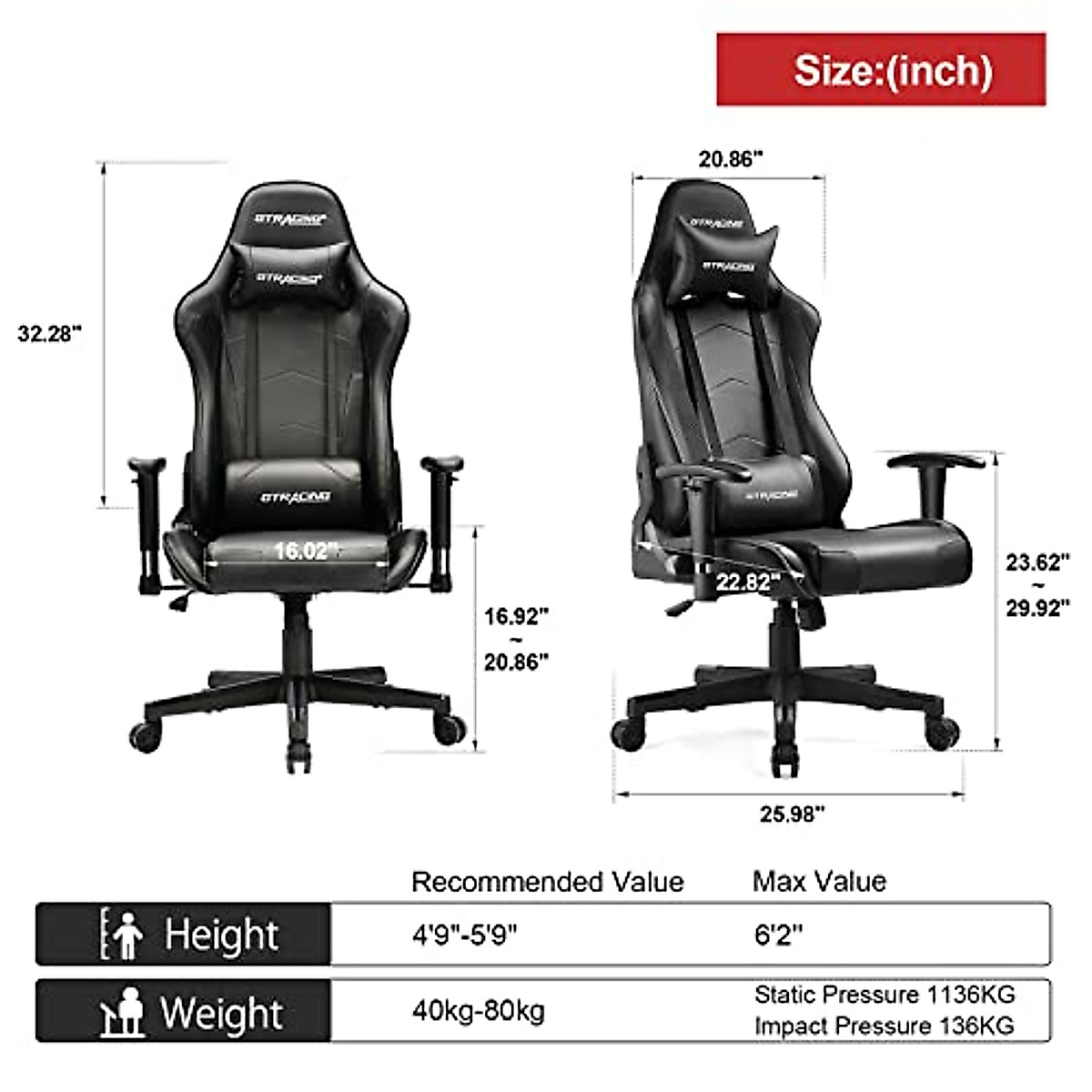 GTRACING Gaming Chair Racing Office Computer Ergonomic Video Game Chair Backrest and Seat Height Adjustable Swivel Recliner with Headrest and Lumbar Pillow Esports Chair,Black
