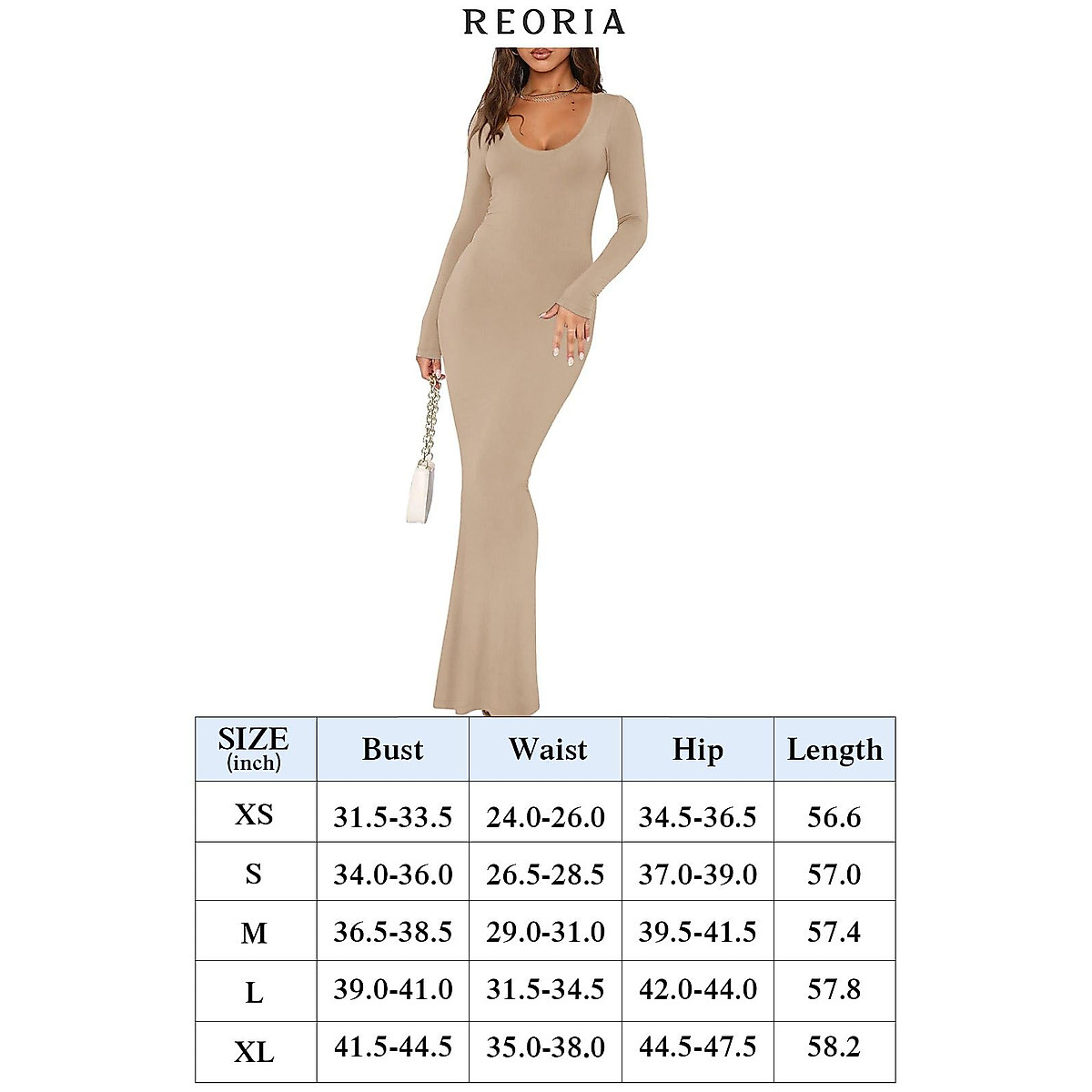 REORIA Women's Sexy Casual Scoop Neck Long Sleeve Lounge Long Dress Elegant Fall Wedding Guest Tight Ribbed Bodycon Maxi Dresses Khaki Large