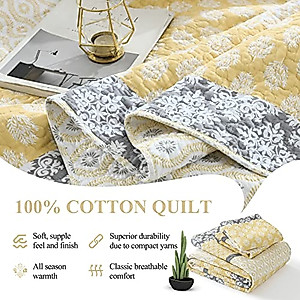 DDUOXIN Floral Quilts Queen Size - 100% Cotton Reversible Queen Quilt with 2 Pillow Shams, Farmhouse Striped Bedspreads Lightweight Queen Quilt Bedding Set, Yellow Gray, Queen