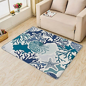 ZDABAOEC Coastal Rug, 2x3 Rug, Ocean Nautical Area Rugs for Bedroom Living Room, Beach Theme Coral Starfish Patterned Small Rug, Washable & Non Slip Indoor Floor Carpet Home Decor
