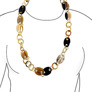 Bling Jewelry Earth Tone Brown Handmade Natural Buffalo Horn Long Round Disc Oval Multi Link Chain Necklace for Women 36 Inches