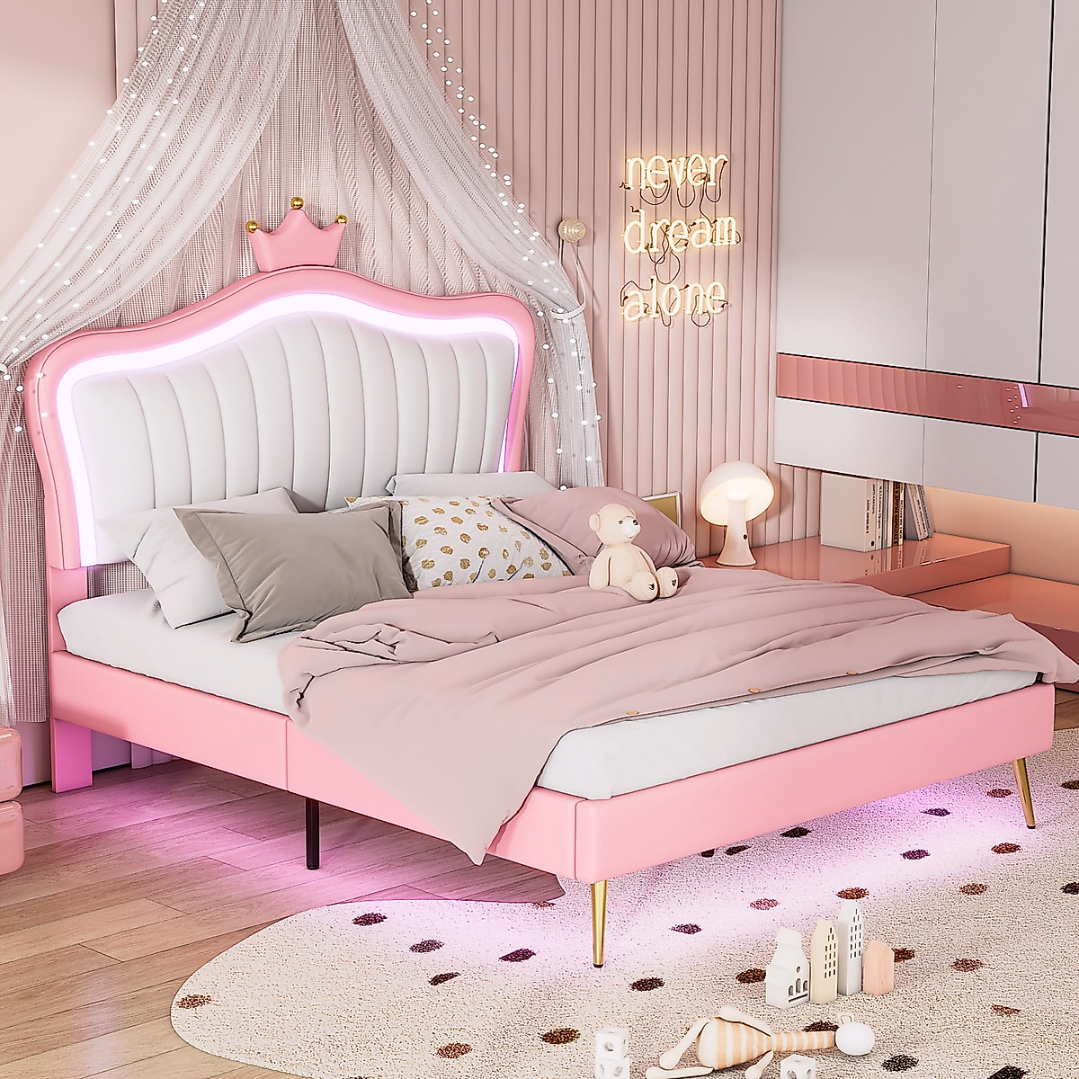 KTATK Queen Size Upholstered Bed Frame with Crown Headboard and LED Lights,Bedroom Wooden Princess Bed w/Metal Feets,Velcro Slats Support Design,for Girls,White+Pink