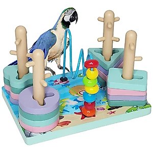 Bird Wooden Block Puzzle Toy Parrot Training Intelligence Toy Parakeet Perch Gym Playpen Stacking Rings Toy Mini Parrot Blocks Balls for Macaw Cockatile Cockatoos and Other Birds 