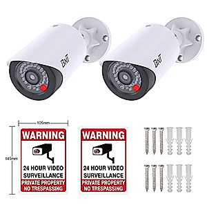 BNT Dummy Fake Security Camera, with One Red LED Light at Night, for Home and Businesses Security Indoor/Outdoor (2 Pack, White)
