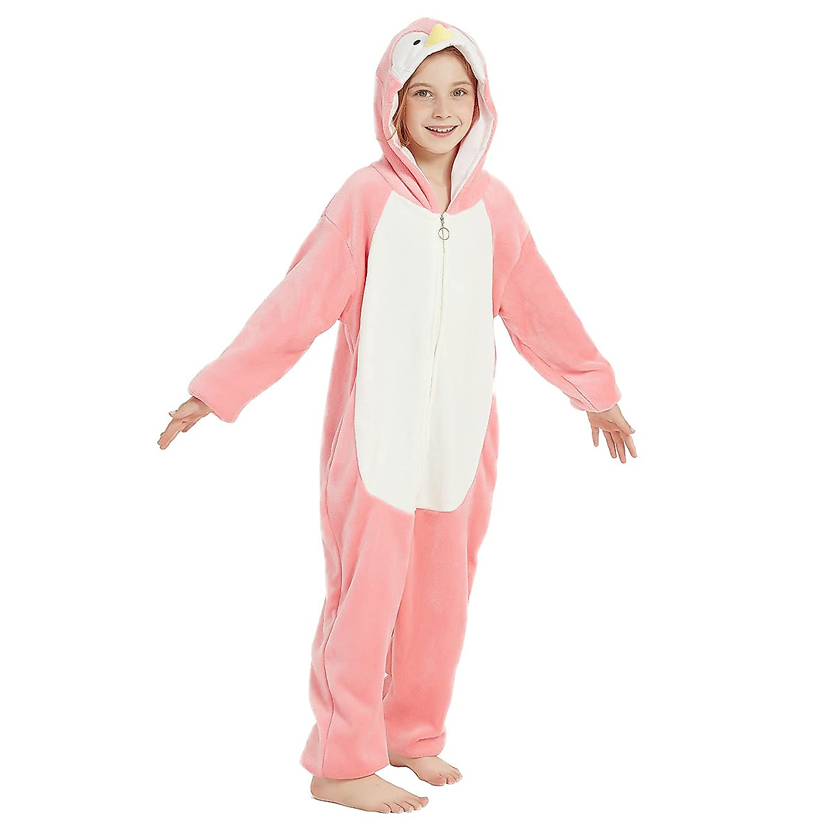 ABENCA Penguin Onesie Kids Animal Costume Girls Pajamas One Piece Plush Sleepwear Cosplay Halloween Christmas.Pink.120