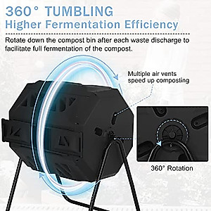 Compost Tumbler Outdoor,43 Gallon Composters Tumbling or Rotating Outdoor, Dual Chamber Compost Bins Outdoor, Tumbling Composter Bin with Sliding Doors for Kitchen Garden Patio,Black Door(Black)