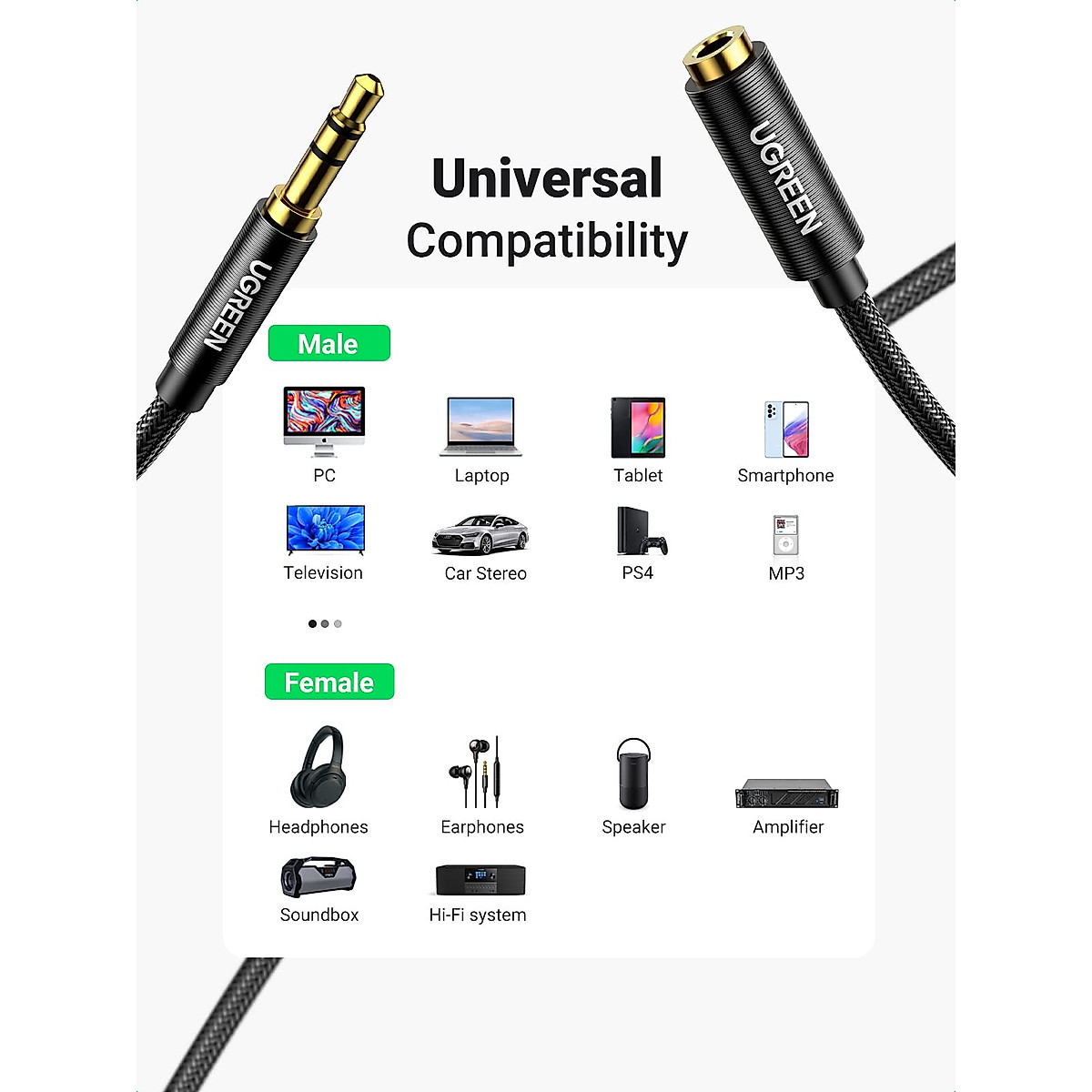 UGREEN Headphone Extension Cable Nylon Braided Male to Female 3.5mm Extension Cable Lossless Multi Shielded Aux Jack Extender Gold Plated Cord Compatible with iPhone iPad Tablets Media Players, 6FT