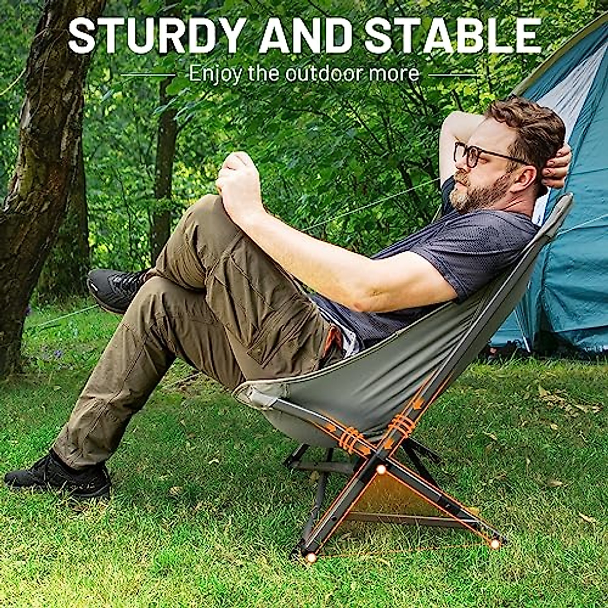 TIMBER RIDGE Lightweight Folding Camping Chair for Adults, Stable Low Seat Beach Chairs with Carry Bag, Portable High Back Chair for Outdoor Camp Sand Lawn Concert Travel Picnic, Supports 300Lbs Grey