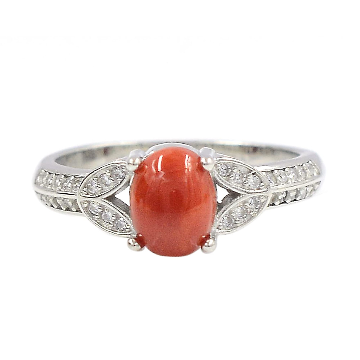 8X6 MM Oval Cut Natural Red Coral Cabochon Gemstone 925 Sterling Silver May Birthstone Solitaire Unisex Proposal Ring Birthday Gift For Wife (Yellow Gold Rhodium Plated Silver, 8)
