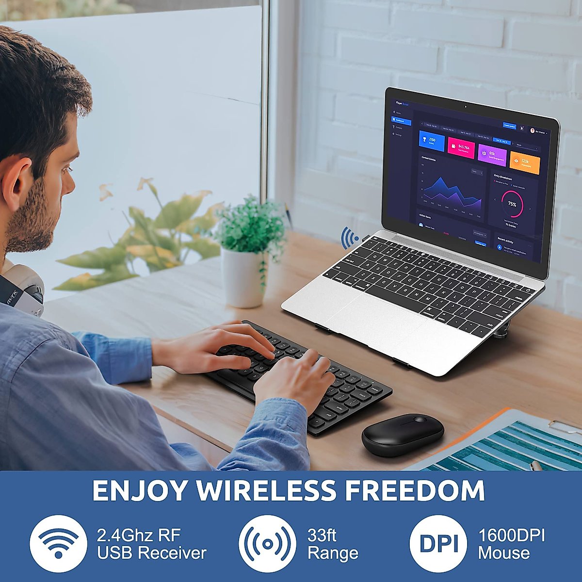 Wireless Keyboard and Mouse Combo, WisFox 2.4G Full-Size Slim Thin Wireless Keyboard Mouse for Windows, Computer, Desktop, PC, Laptop Mac (Deep Black)
