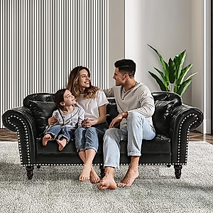 Morden Fort Chesterfield Sofa Faux Leather Loveseat, Luxurious 69" W Tufted Upholstered Loveseat Faux Leather Couch Furniture with Pillows, Wooden Leg for Living Room, Bedroom (Black)