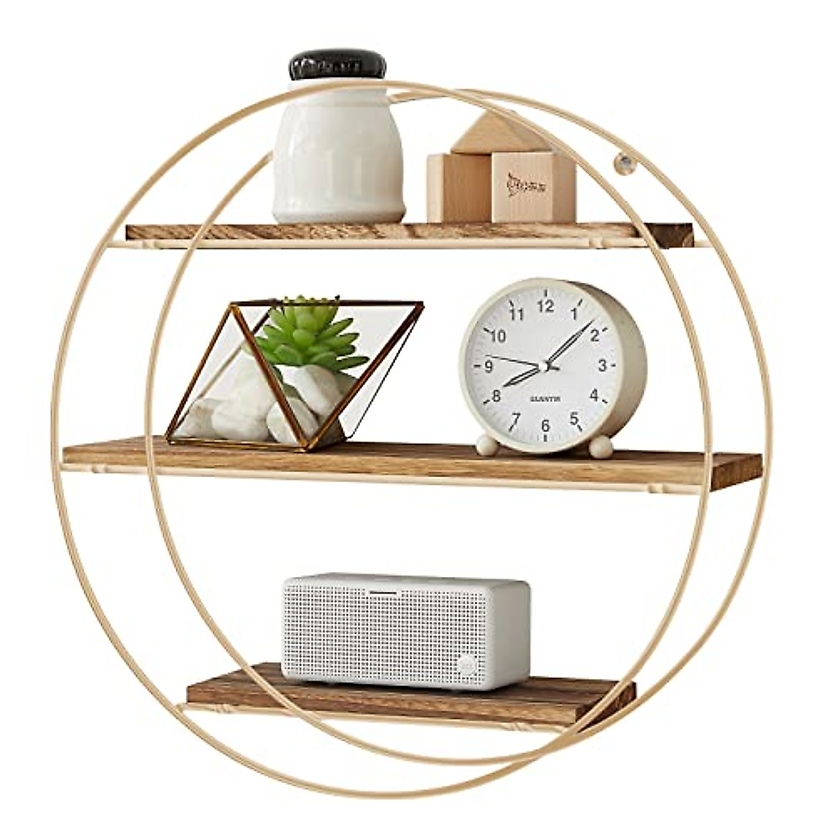 TFER Floating Shelves Wall Mounted Hanging Shelf Hexagon Rustic Farmhouse Shelves for Wall Decor,Storage | Metal Bracket and Reclaimed Natural Wood Shelf for Living Room,Bedroom,Bathroom(Gold)