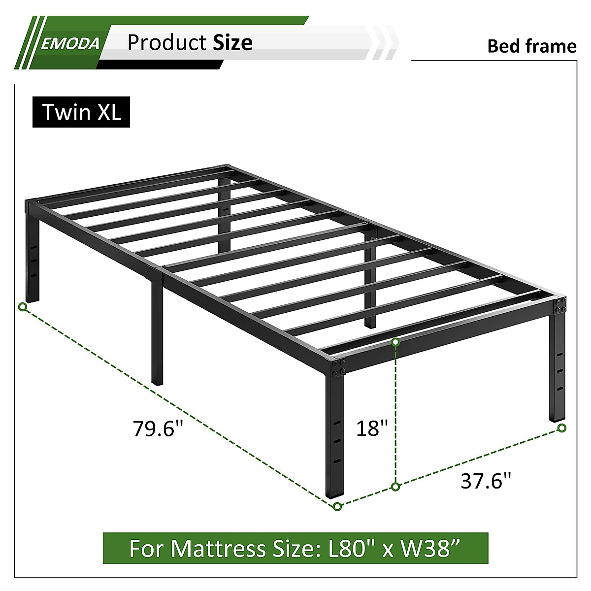 EMODA 18 Inch Twin XL Bed Frames No Box Spring Needed, Heavy Duty XL Twin Metal Platform Bed Frame with Tall Storage Space, Noise Free, Easy Assembly, Black