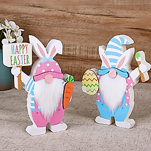 Treory Easter Decorations for The Home, 2 pcs Easter Bunny Shape Gnome Freestanding Wooden Table Centerpiece Signs Easter Gnomes for Tabletop Home Tiered Tray Decor Farmhouse for Easter Gifts