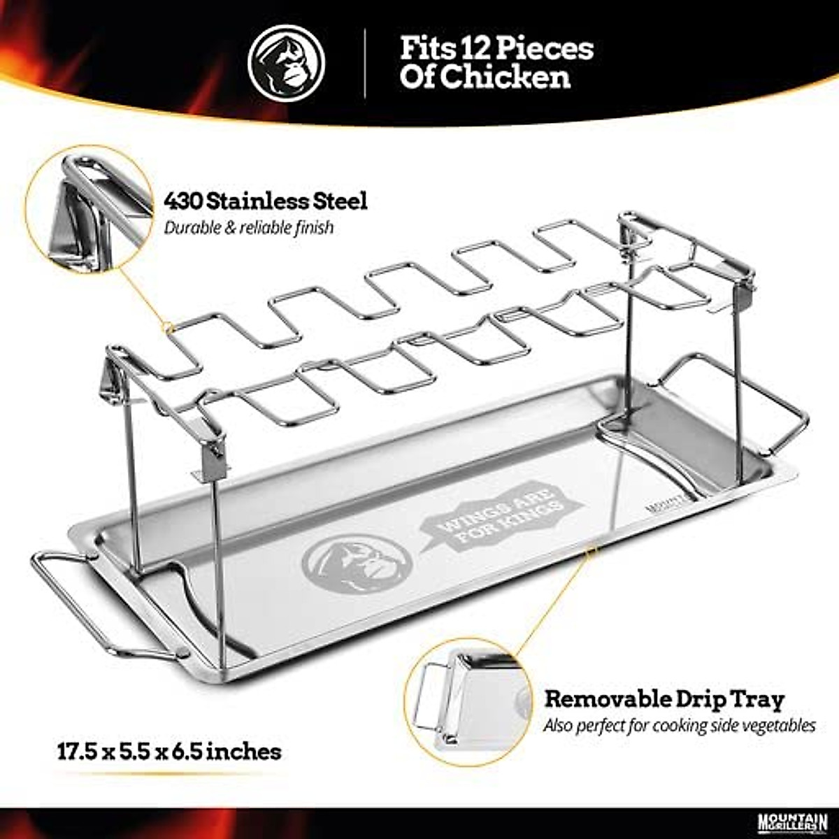 Mountain Grillers Chicken Leg Rack for Grill - Hold Up 12 Legs, Chicken Wings, Thighs, Drumsticks, BBQ Grill Chicken Rack with A Locking Mechanism & Deep Drip Tray for Smoker Premium Stainless Steel