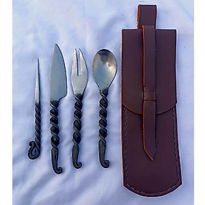 Viking Traders Hand Forged Twisted Medieval Eating Utensil Set | Functional Fork Knife Spoon And Food Stick | Medieval Eating Set, With Genuine Leather Carrying Pouch - Set 4