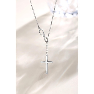 FANCIME White Gold Plated 925 Sterling Silver High Polished Infinity Cross Pendant Lariat Necklace Y Necklace Gift for Women, 18"