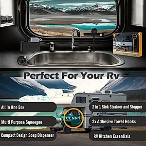 All in One New 2023 Cenný Kitchen Accessories Gift Set for Home and RV Essentials Countertop Dish Soap Dispenser with Sponge Holder Silicone Squeegee Sink Strainer & Stopper Towel Hooks Black